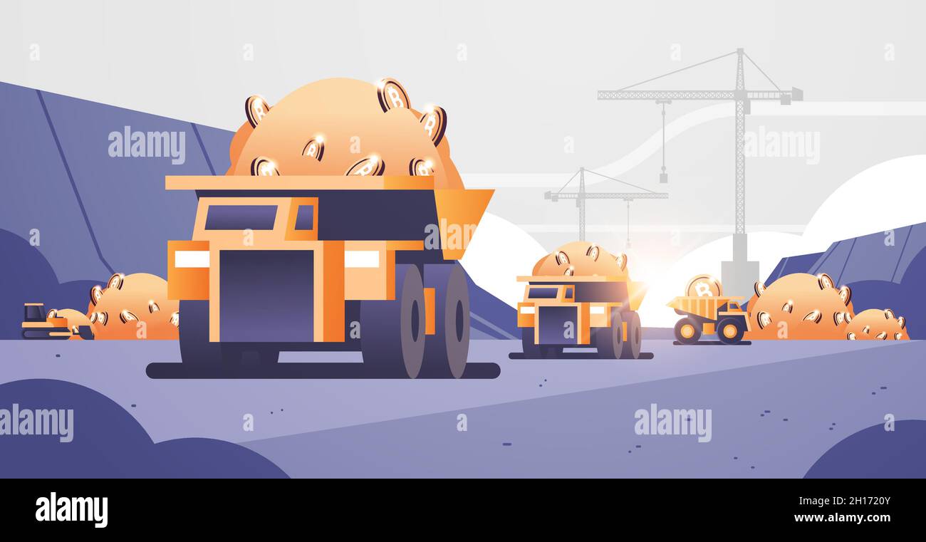 heavy trucks mining transport with bitcoins golden coin digital money ...