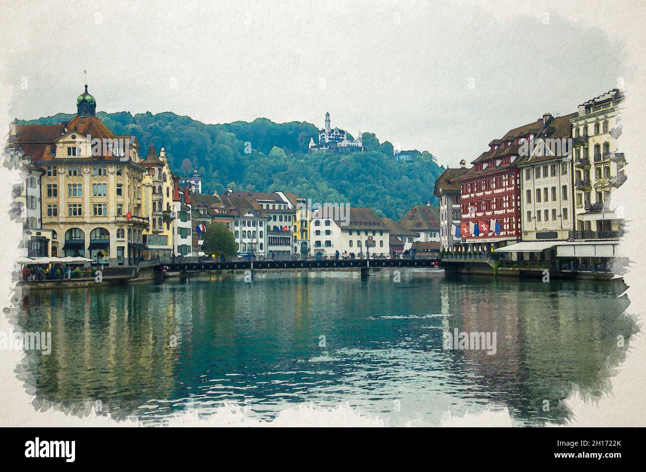 Watercolor drawing of View of historic city center of Luzern and Reuss ...