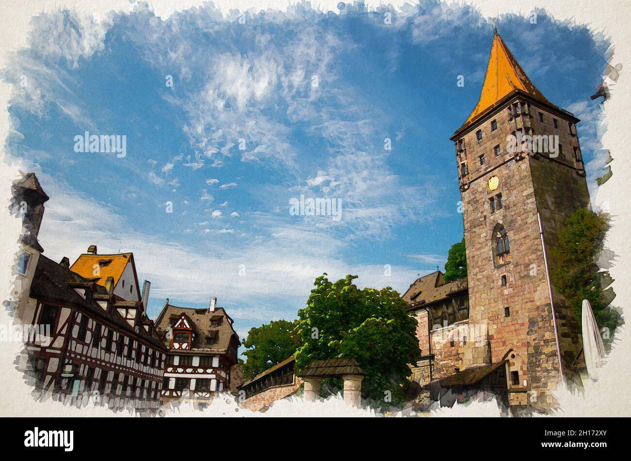 Watercolor drawing of Old medieval Tower Tiergartnertorturm and ...