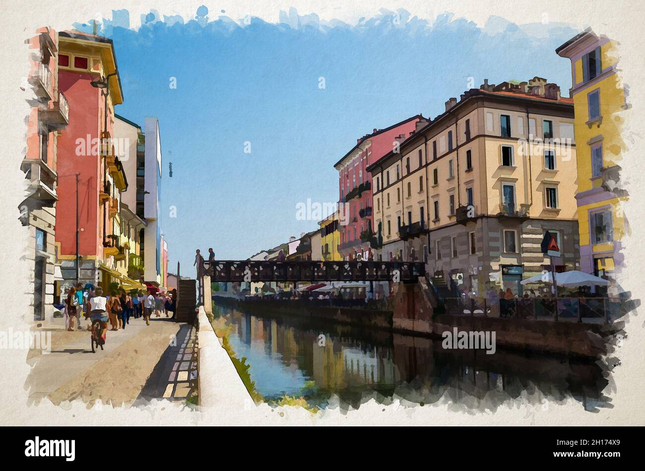 Watercolor drawing of Milan Bridge Pont de fer across water of Naviglio ...