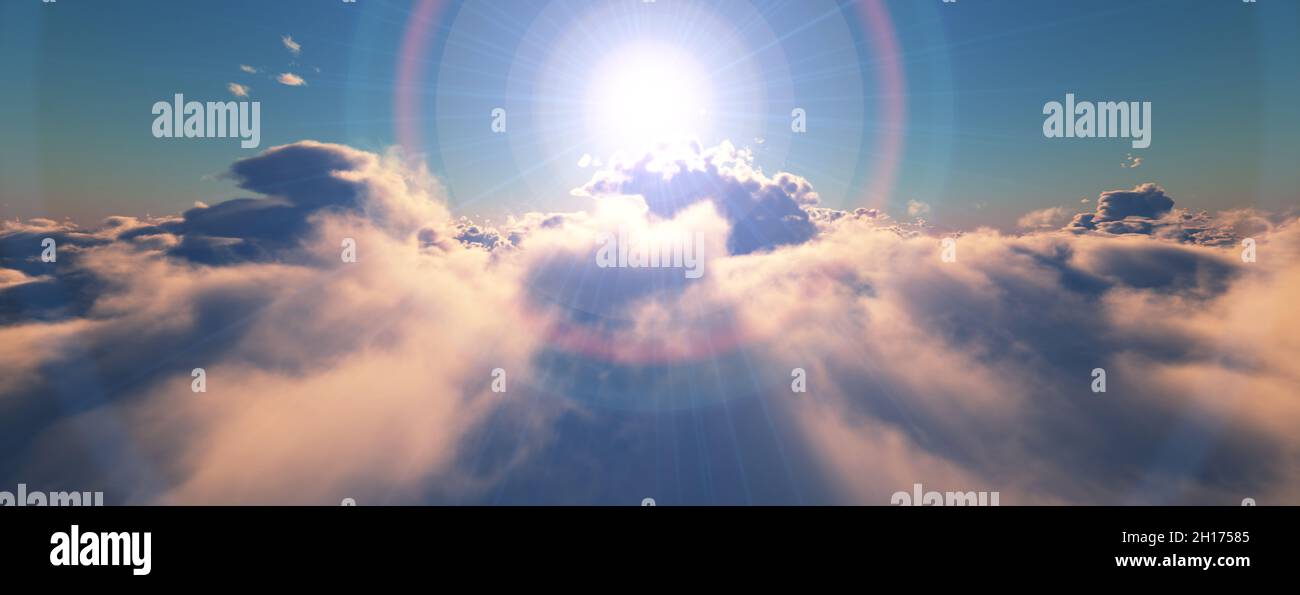 above clouds fly sunset sun ray illustration, 3d render Stock Photo - Alamy