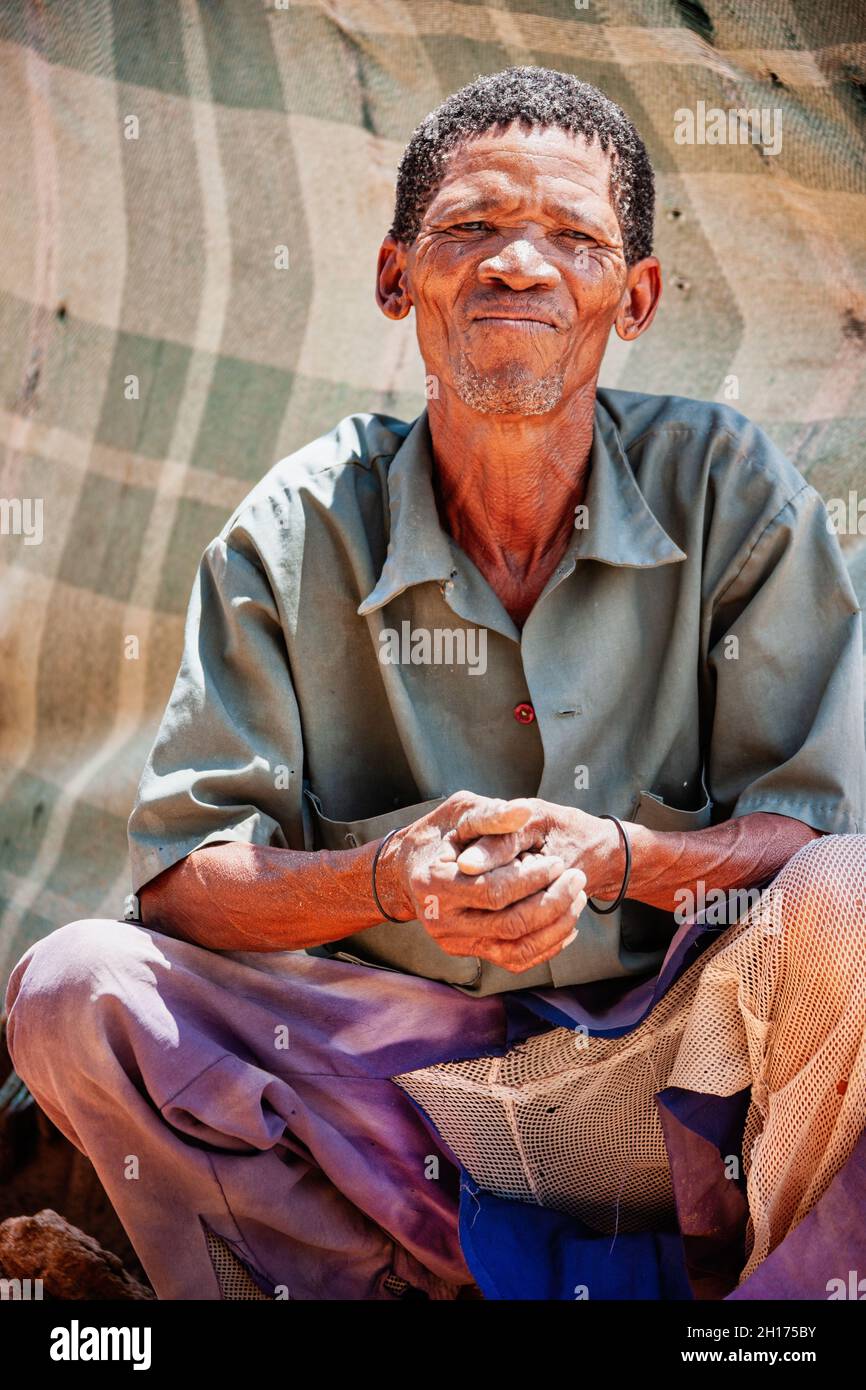 an old bushman man from Central Kalahari, village New Xade in Botswana ...