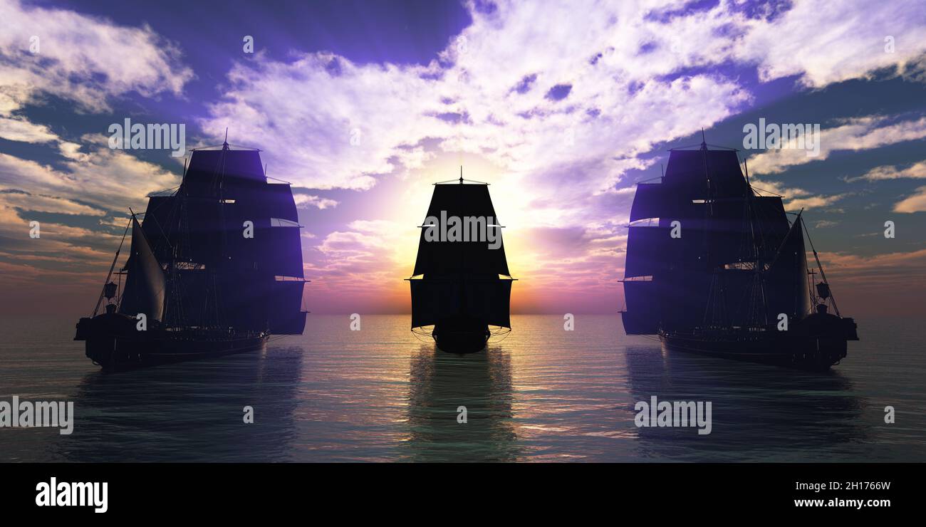 old three ships sunset at sea, 3d rendering illustration Stock Photo ...