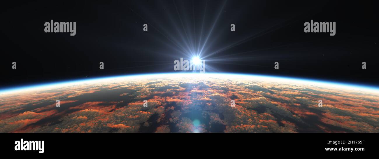 Earth sunrise from space over cloudy ocean. 3d rendering illustration ...