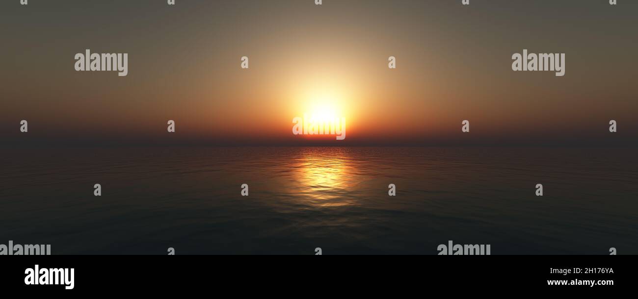 sunset sea sun ray clear sky, 3d rendering illustration Stock Photo - Alamy