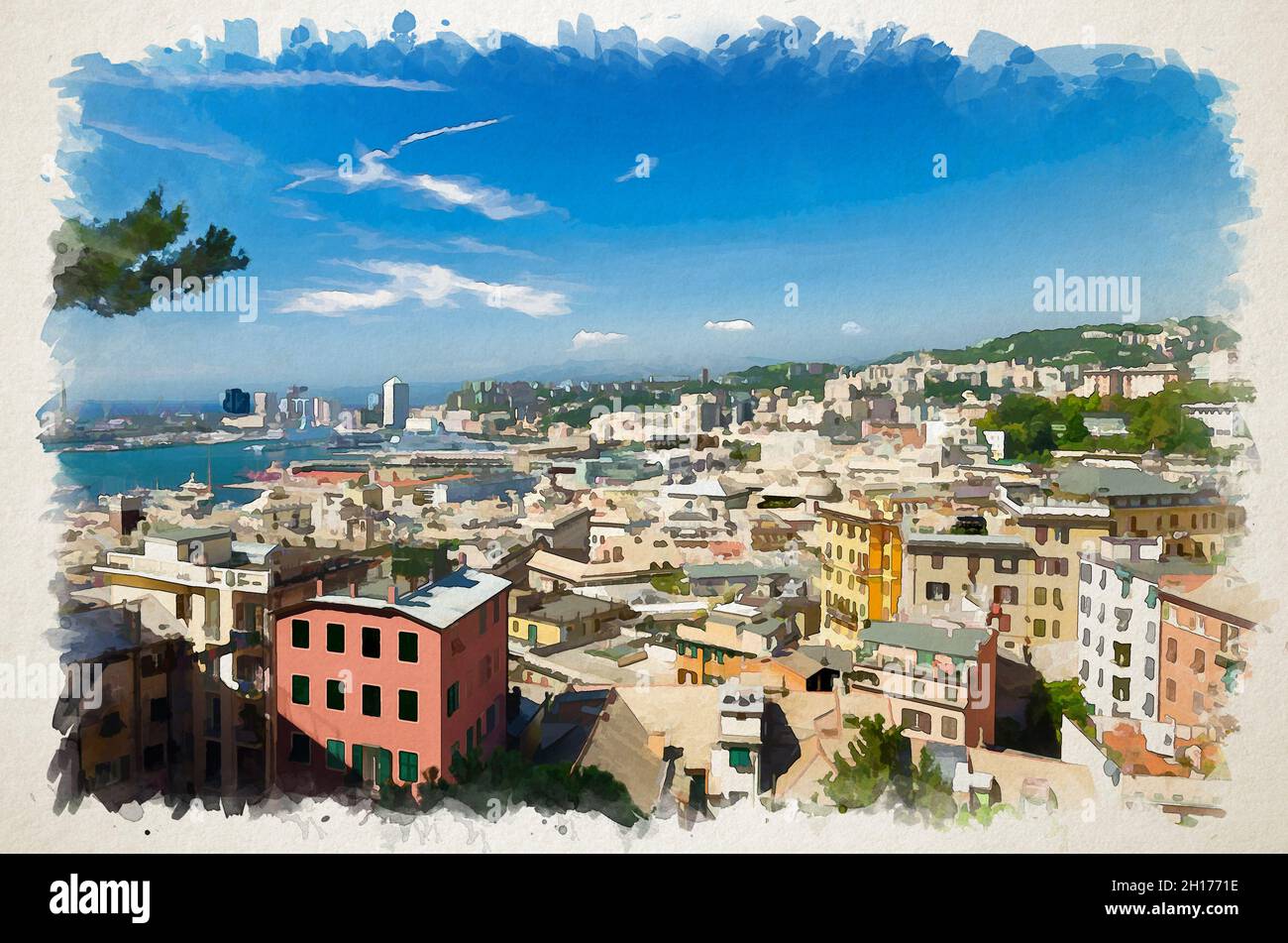 Watercolor drawing of Top aerial scenic panoramic view from above of ...