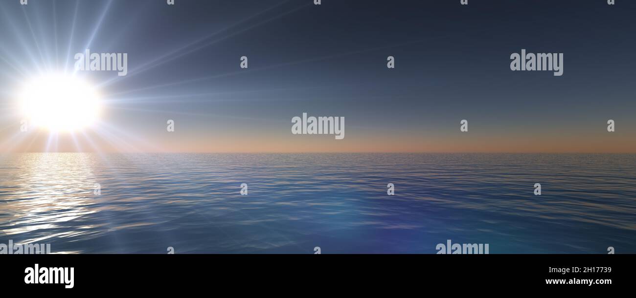 sunset sea sun ray clear sky, 3d rendering illustration Stock Photo - Alamy