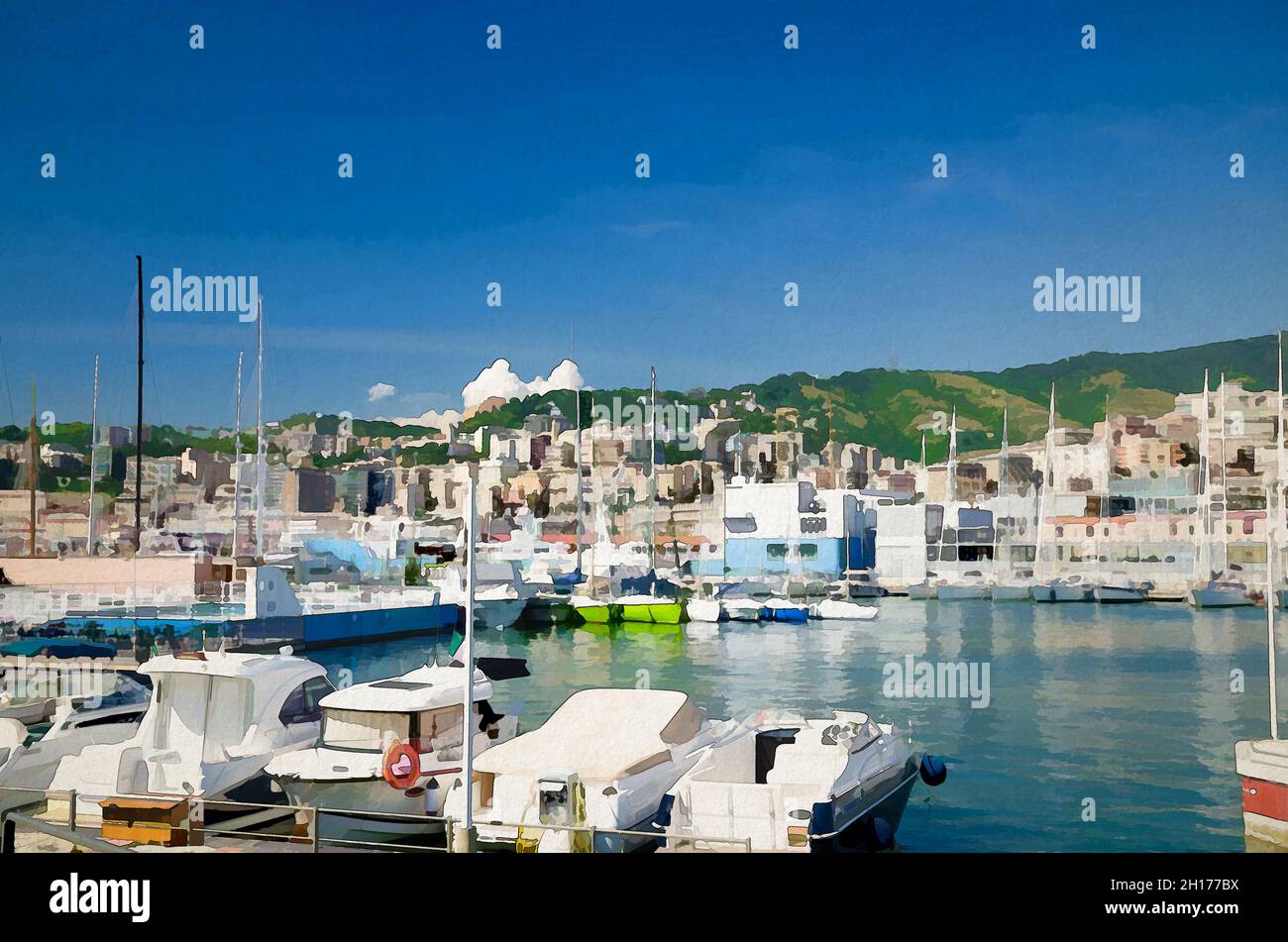 Watercolor drawing of Port Porto Antico harbor with luxury white yachts ...