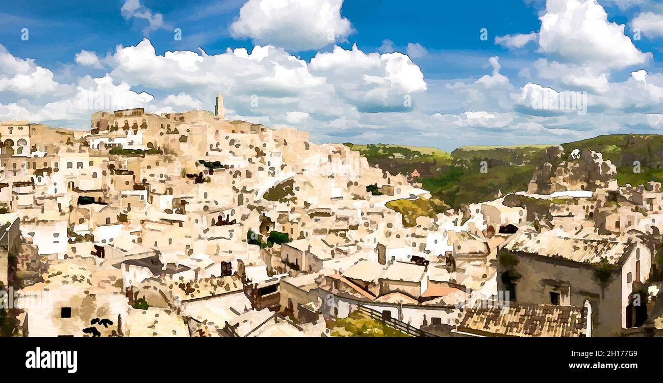 Watercolor drawing of Aerial panoramic view of historical centre Sasso ...