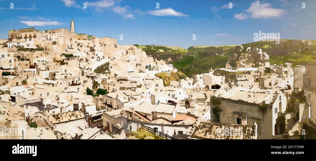 Watercolor drawing of Aerial panoramic view of historical centre Sasso ...