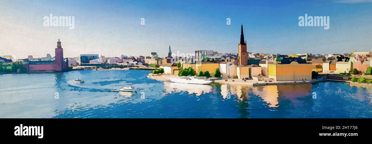 Watercolor drawing of Aerial panoramic view of Stockholm with Old town ...