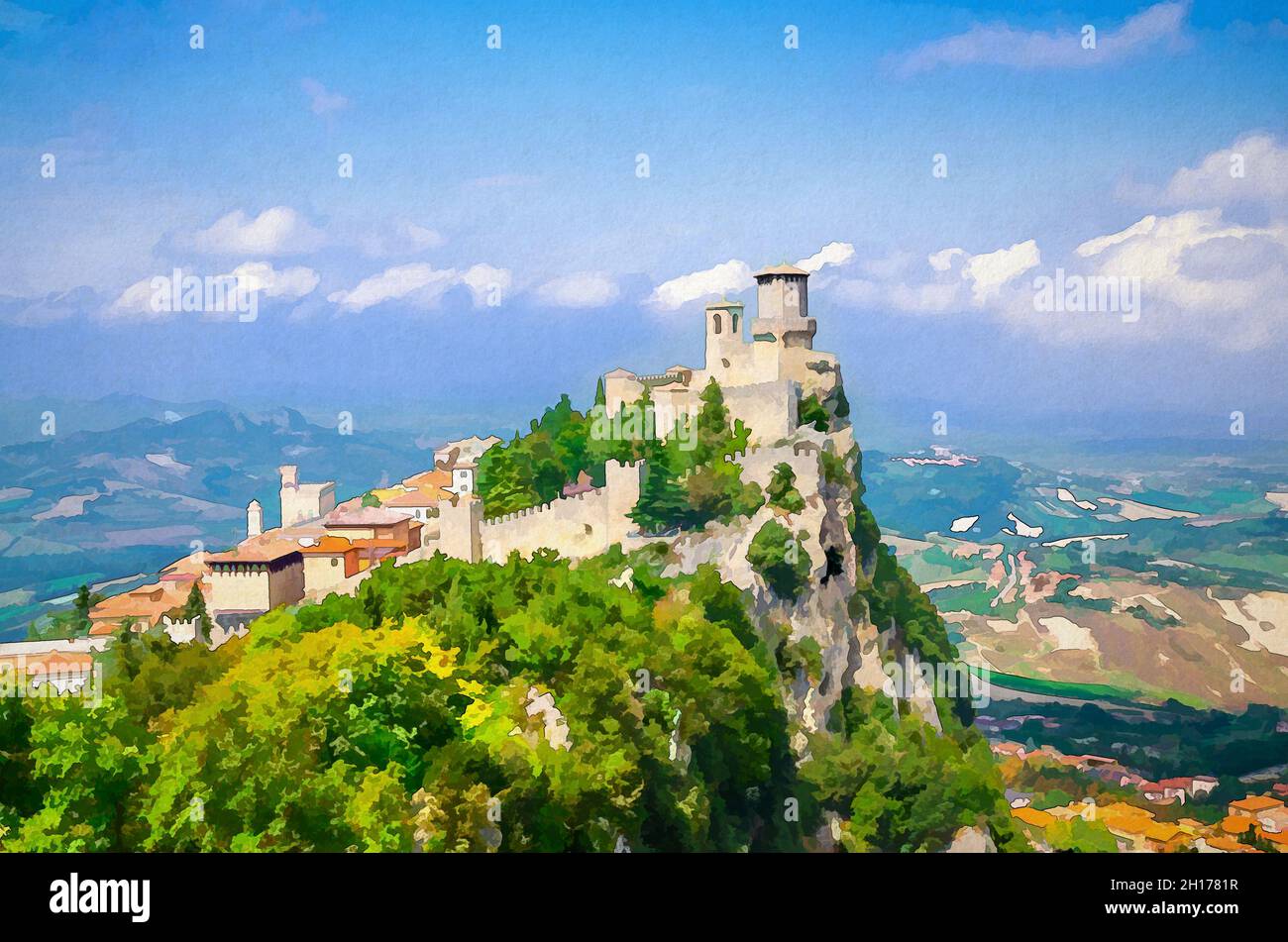 Watercolor drawing of Republic San Marino Prima Torre Guaita first ...