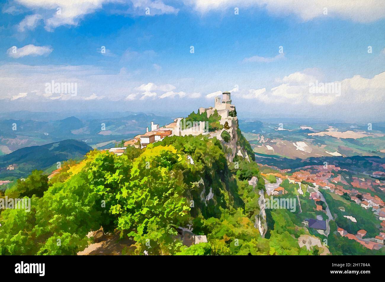 Watercolor drawing of Republic San Marino Prima Torre Guaita first ...