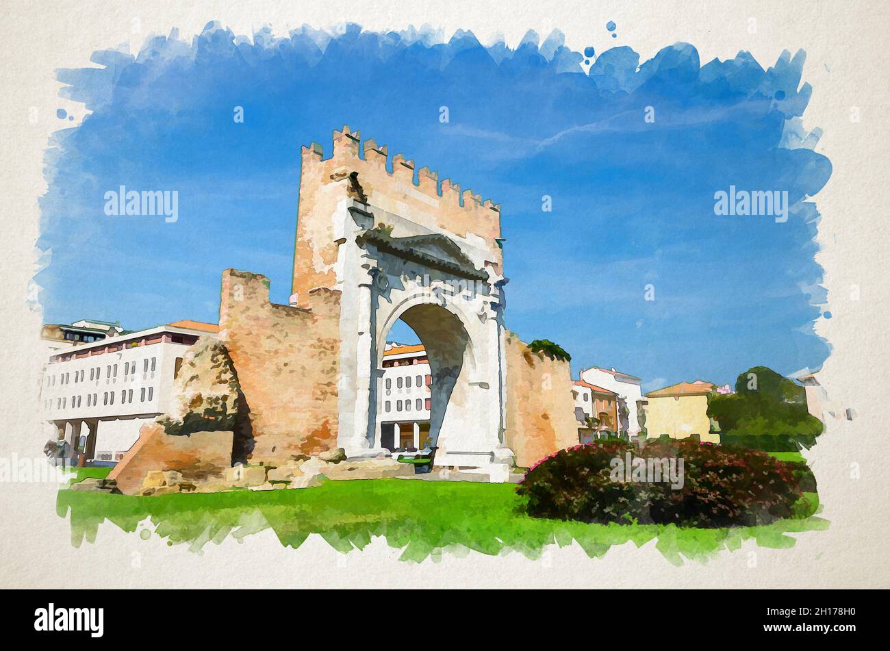 Watercolor drawing of Ruins of ancient brick wall and stone gate Arch ...