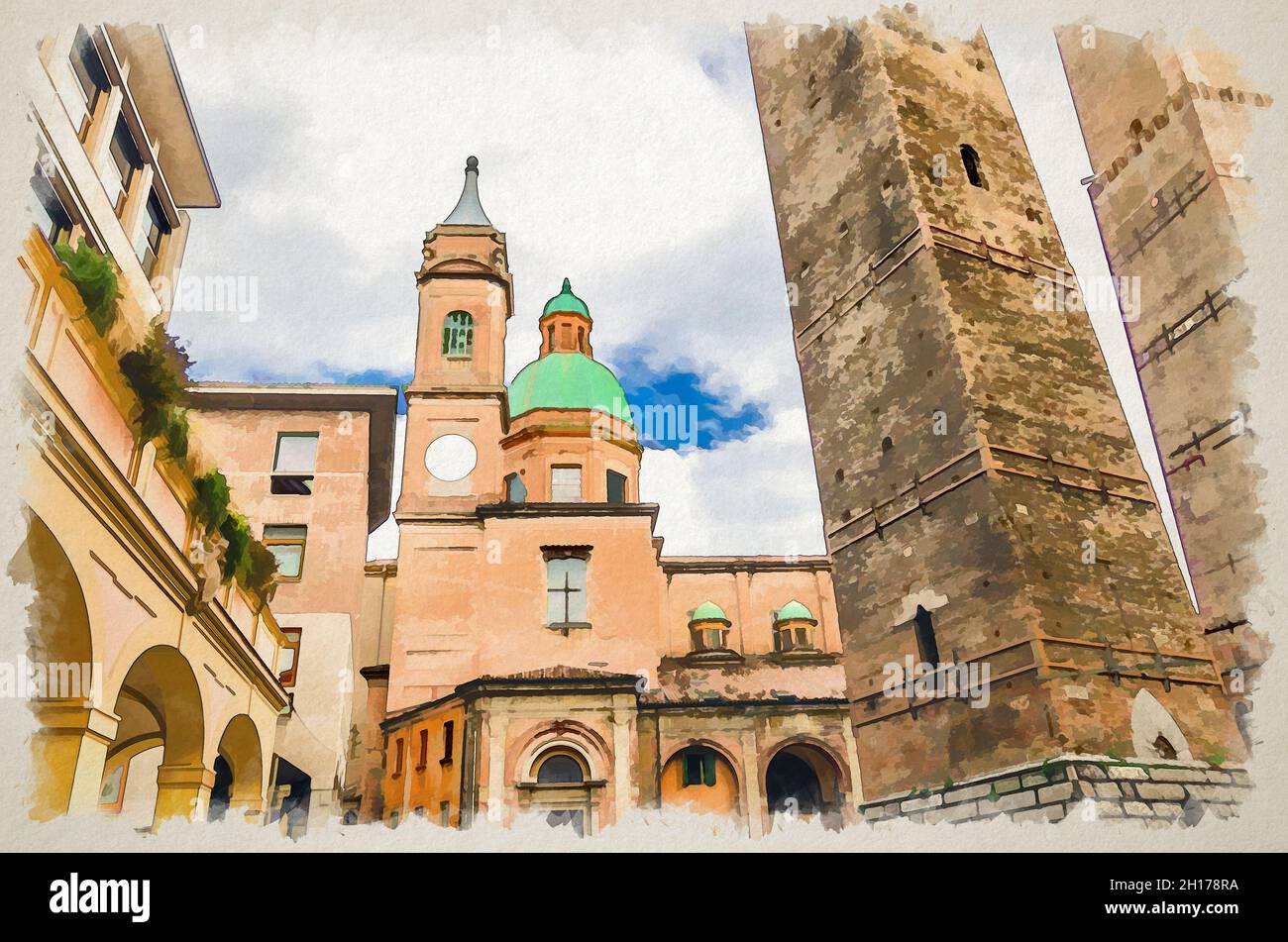 Watercolor drawing of Two medieval towers of Bologna Le Due Torri ...