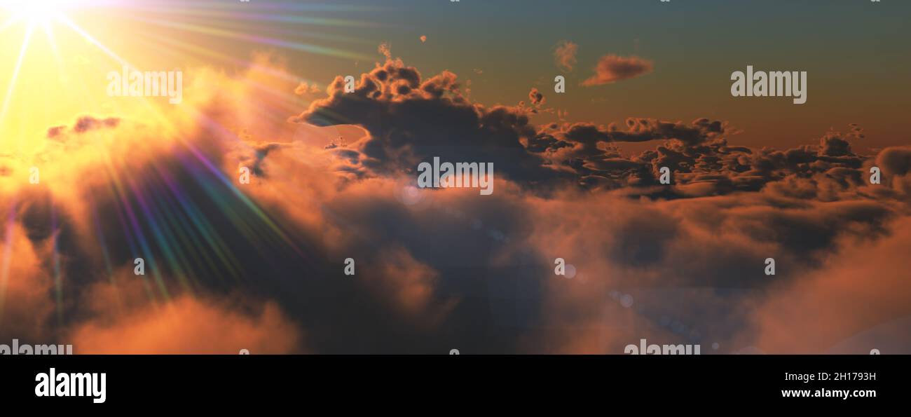 above clouds fly sunset sun ray illustration, 3d render Stock Photo - Alamy