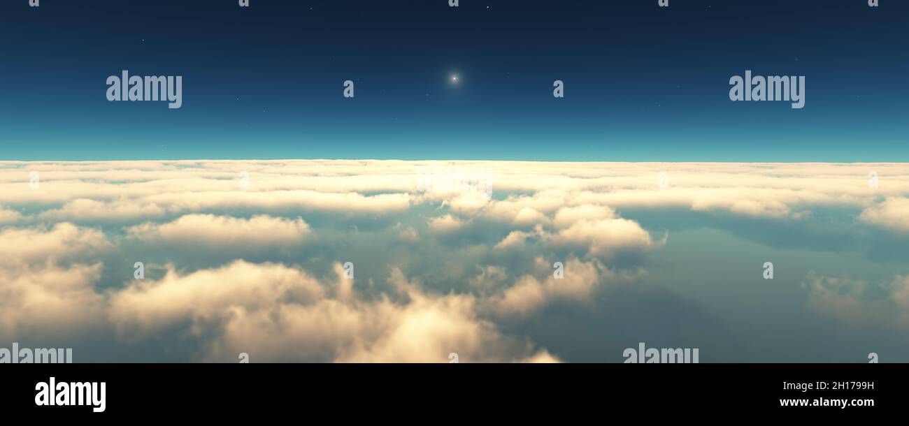 fly above clouds sunset landscape. 3d render illustration Stock Photo ...