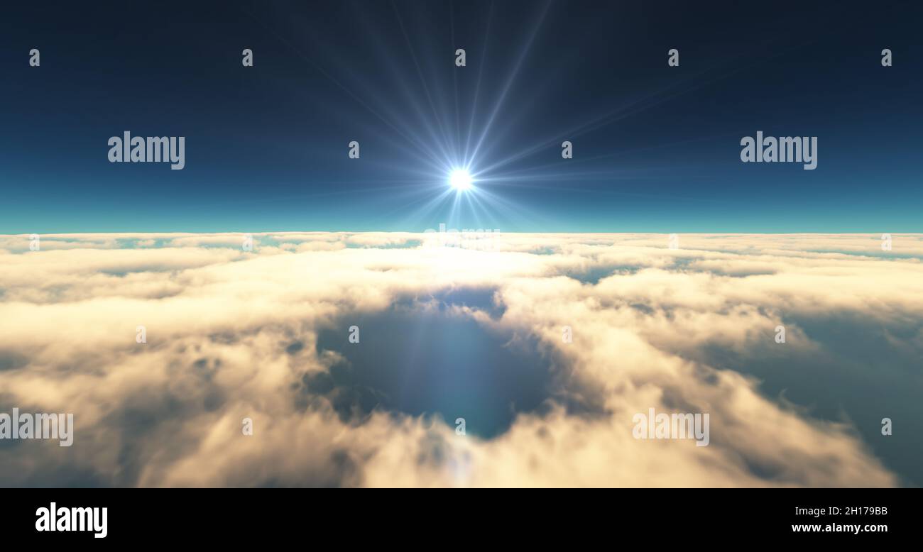 fly above clouds sunset landscape. 3d render illustration Stock Photo ...
