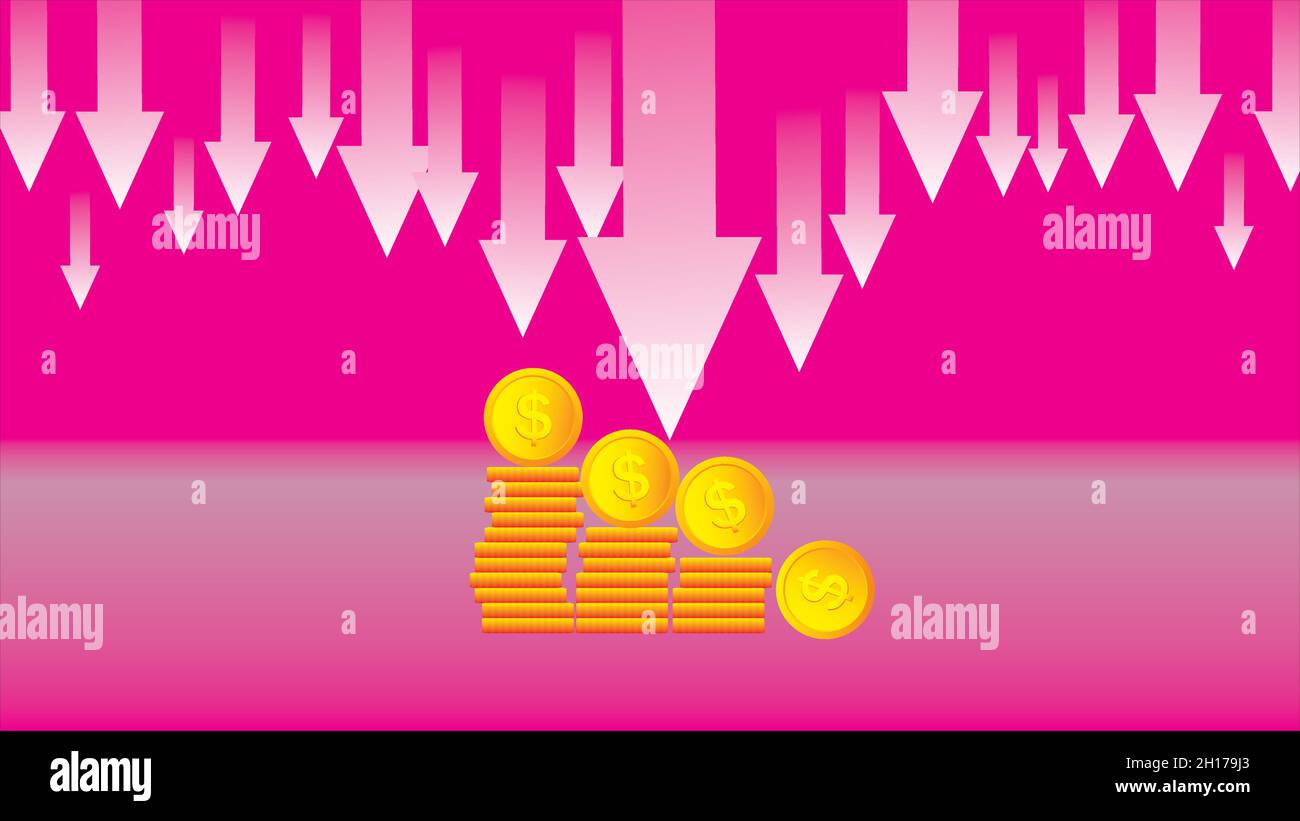 Cost low and loss. Decrease revenue. Crisis of economy. Icon of money inflation. Graph of ...