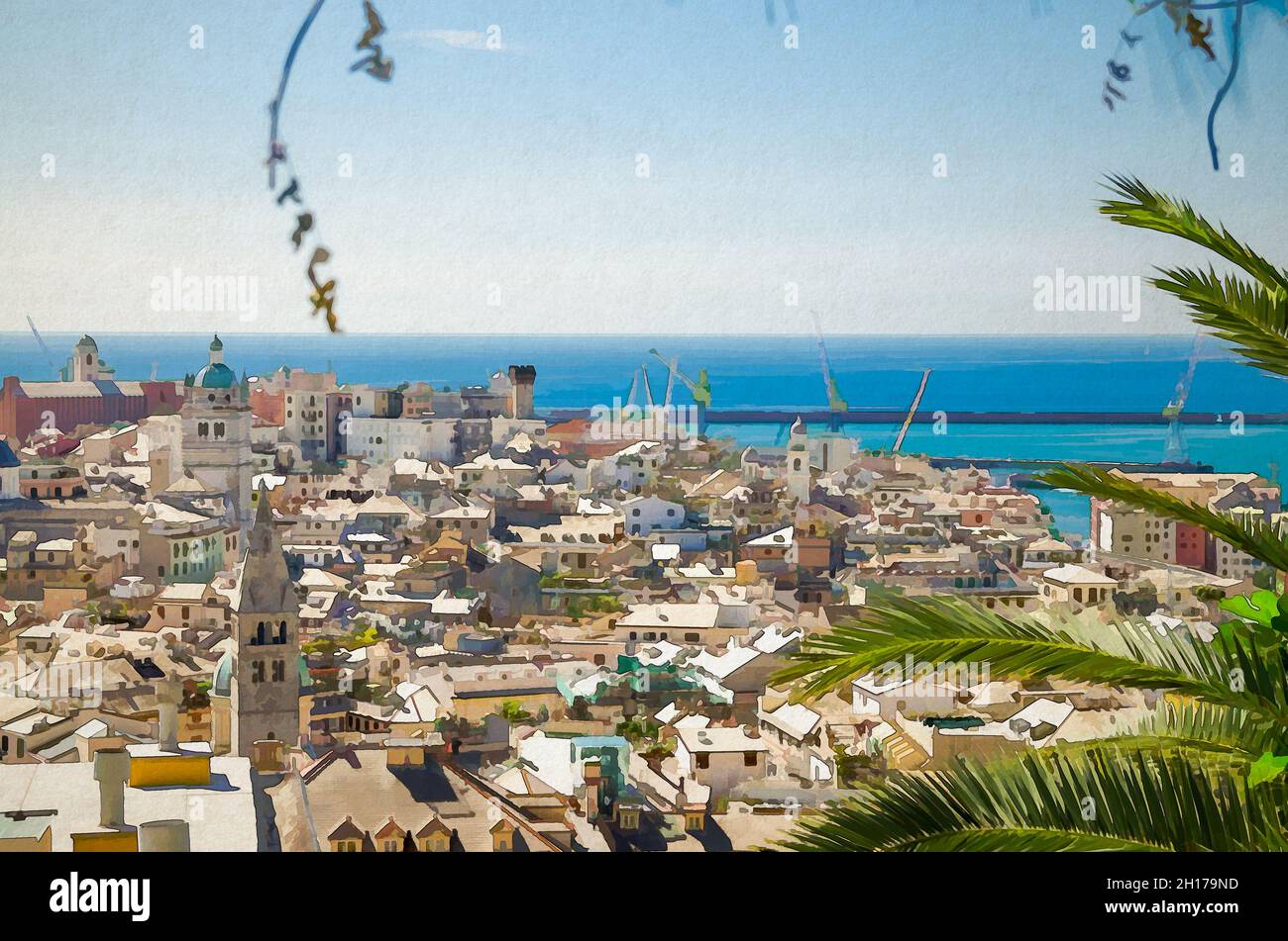 Watercolor drawing of Top aerial panoramic view from above of old ...