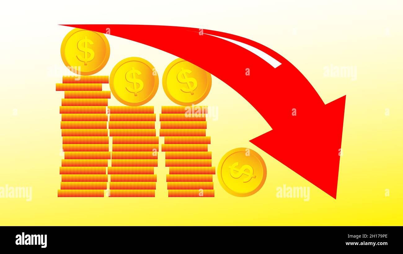Cost low and loss. Decrease revenue. Crisis of economy. Icon of money inflation. Graph of ...
