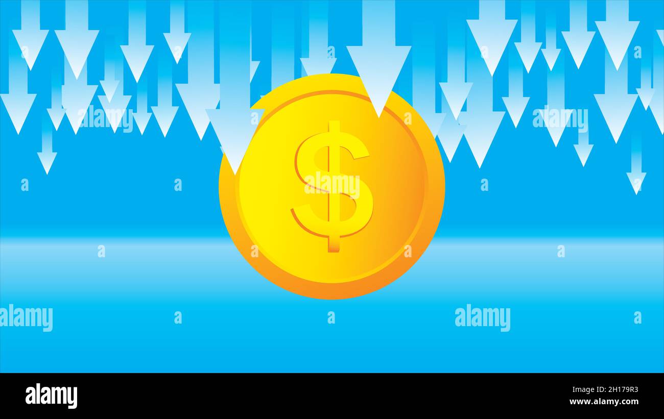 Cost low and loss. Decrease revenue. Crisis of economy. Icon of money inflation. Graph of ...