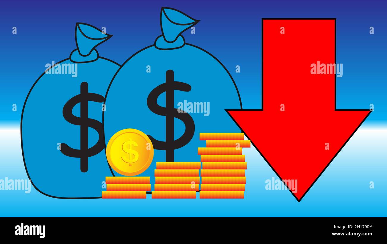 Cost low and loss. Decrease revenue. Crisis of economy. Icon of money inflation. Graph of ...