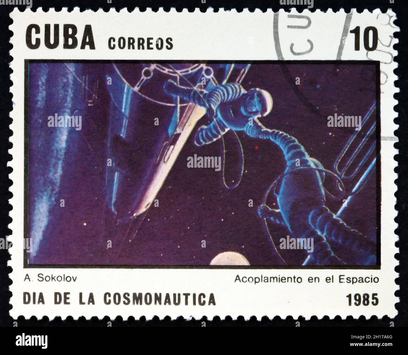CUBA - CIRCA 1985: a stamp printed in the Cuba shows space walkers ...