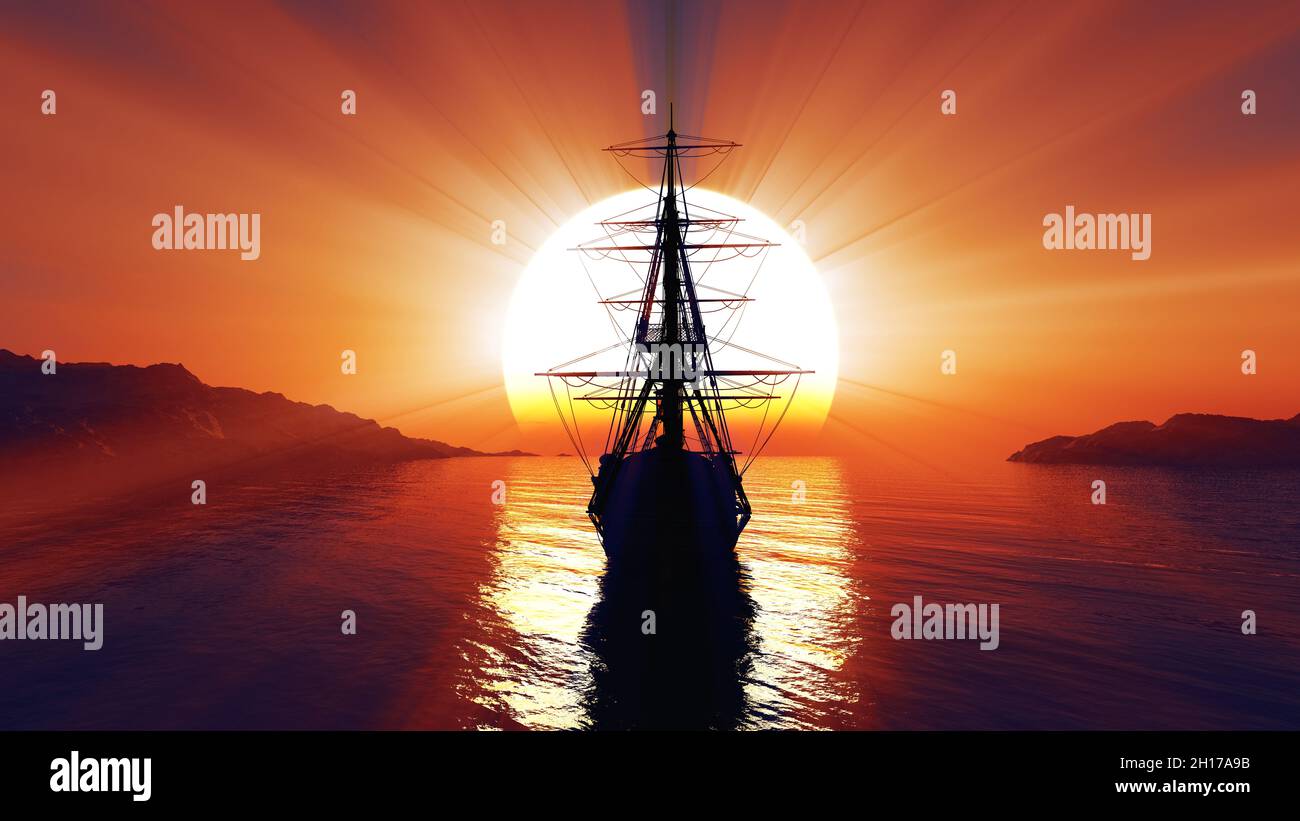 old ship sunset at sea illustration 3d rendering Stock Photo - Alamy
