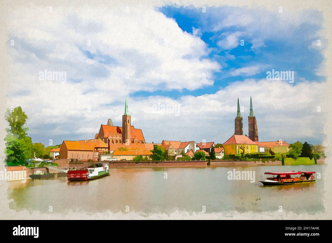 Watercolor drawing of Wroclaw: Panoramic view of Ostrow Tumski ...