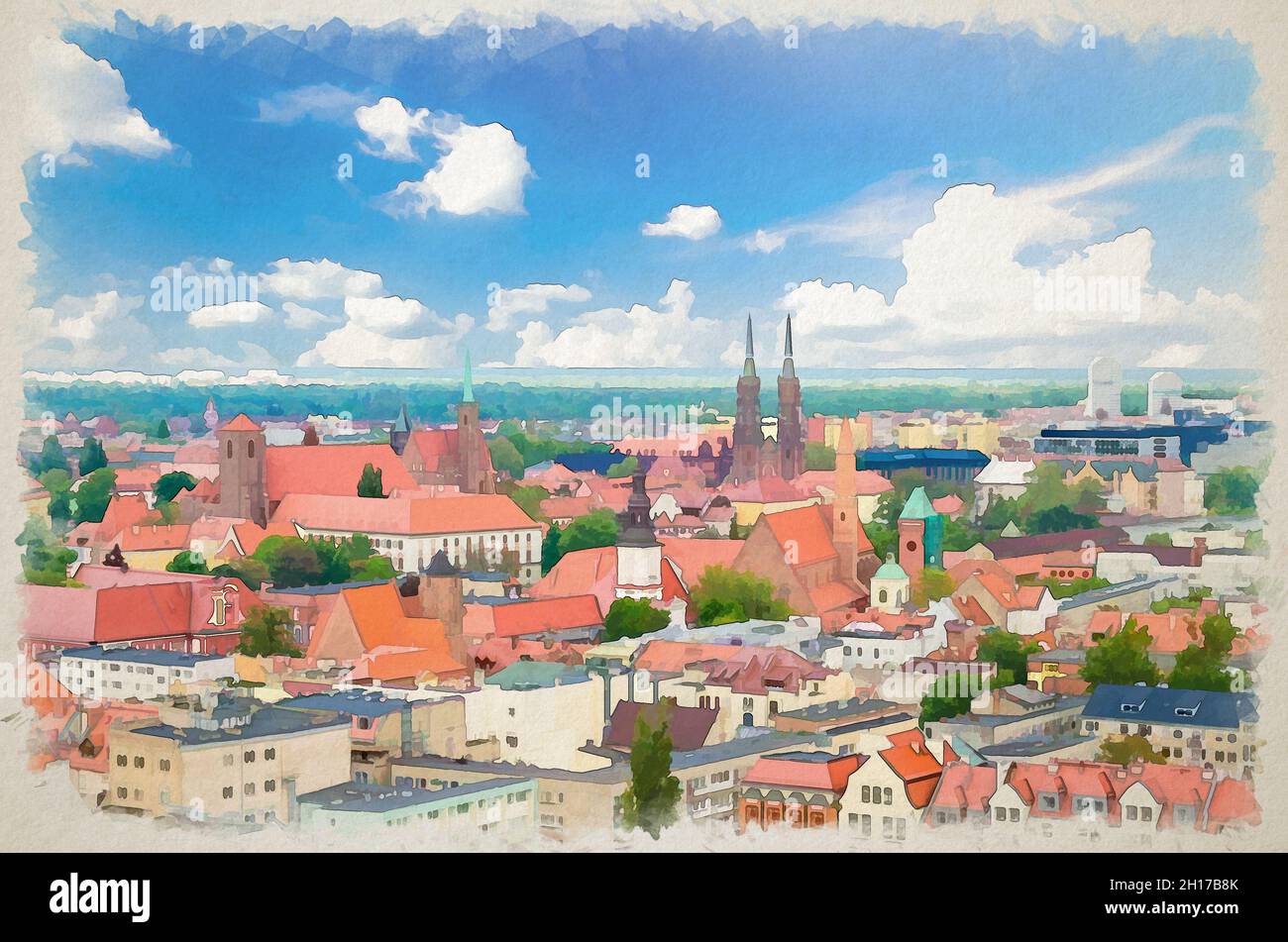 Watercolor drawing of Top aerial panoramic view of old historical city ...