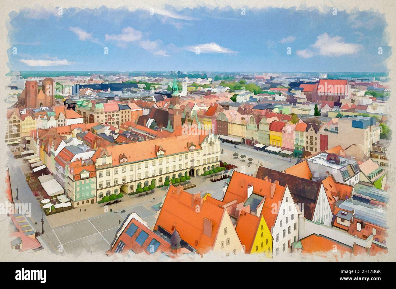 Watercolor drawing of Top aerial panoramic view of Wroclaw old town ...