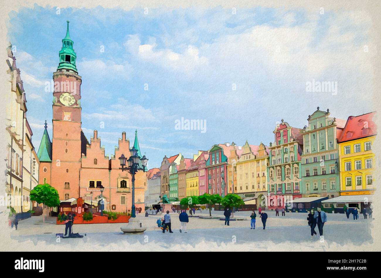 Watercolor drawing of Wroclaw: Row of colorful buildings with ...