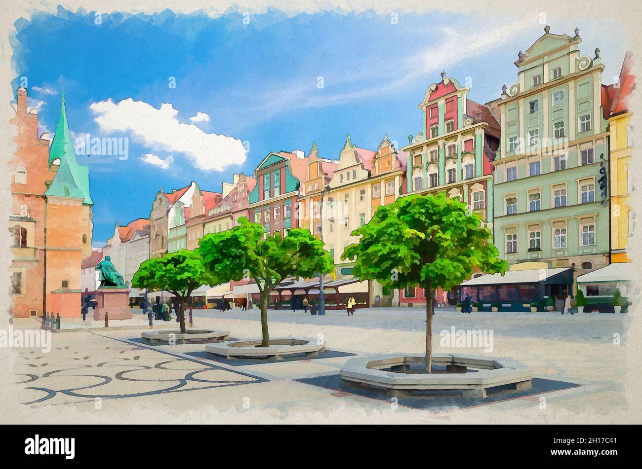 Watercolor drawing of Row of colorful buildings with multicolored ...