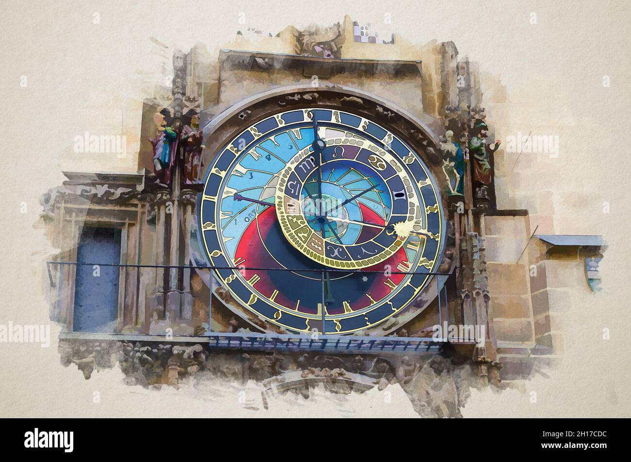 Watercolor drawing of Closeup Prague Astronomical Clock Orloj with ...