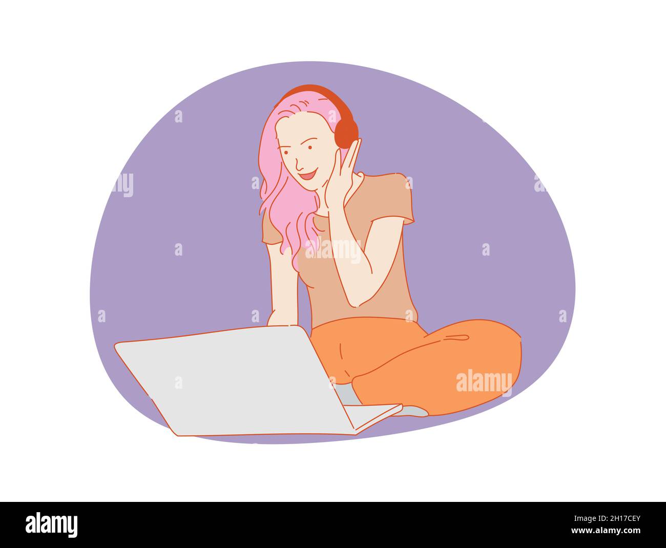 beautiful woman or cute girl sitting in front computer laptop ...
