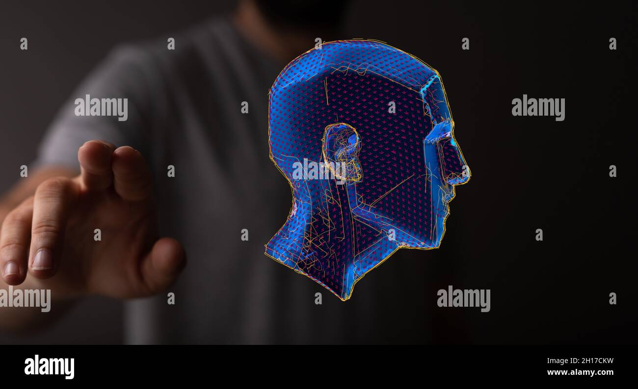 A man is interacting with 3D Artificial intelligence concept. Virtual ...