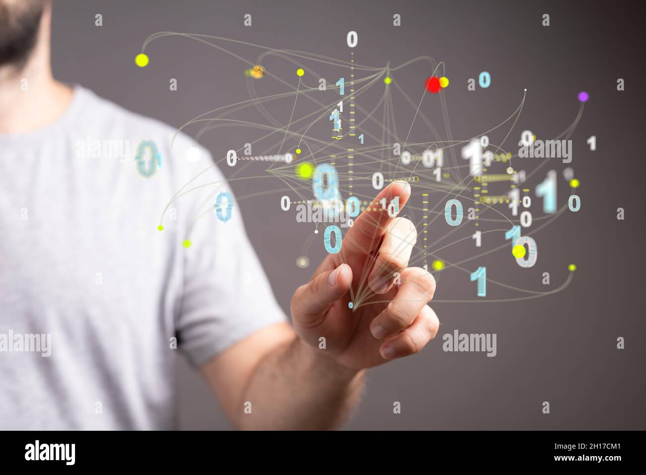 A close up of a man's finger touching connecting lines and dots, Big ...