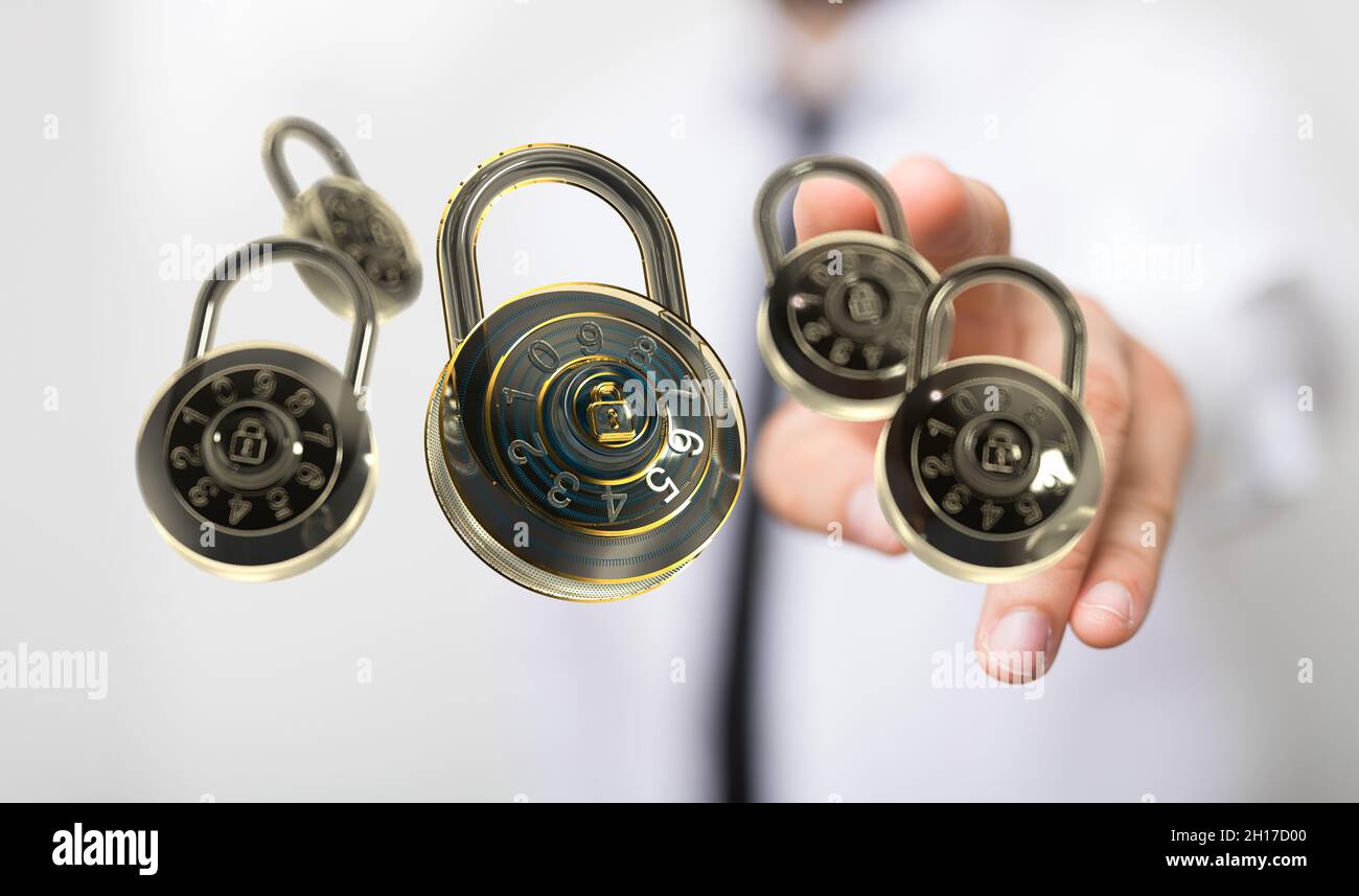 A person presenting 3D render of digital locks - cybersecurity and ...