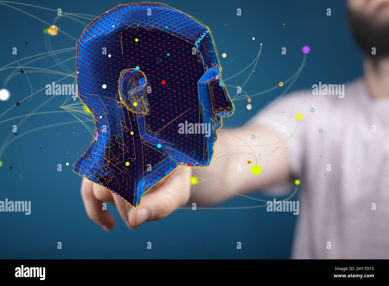 A person presenting 3D render of the polygonal human face - artificial ...