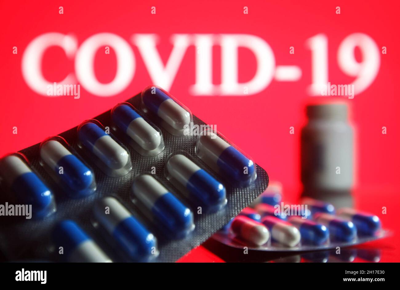 In this photo illustration, medicine pills in form of capsules are seen ...