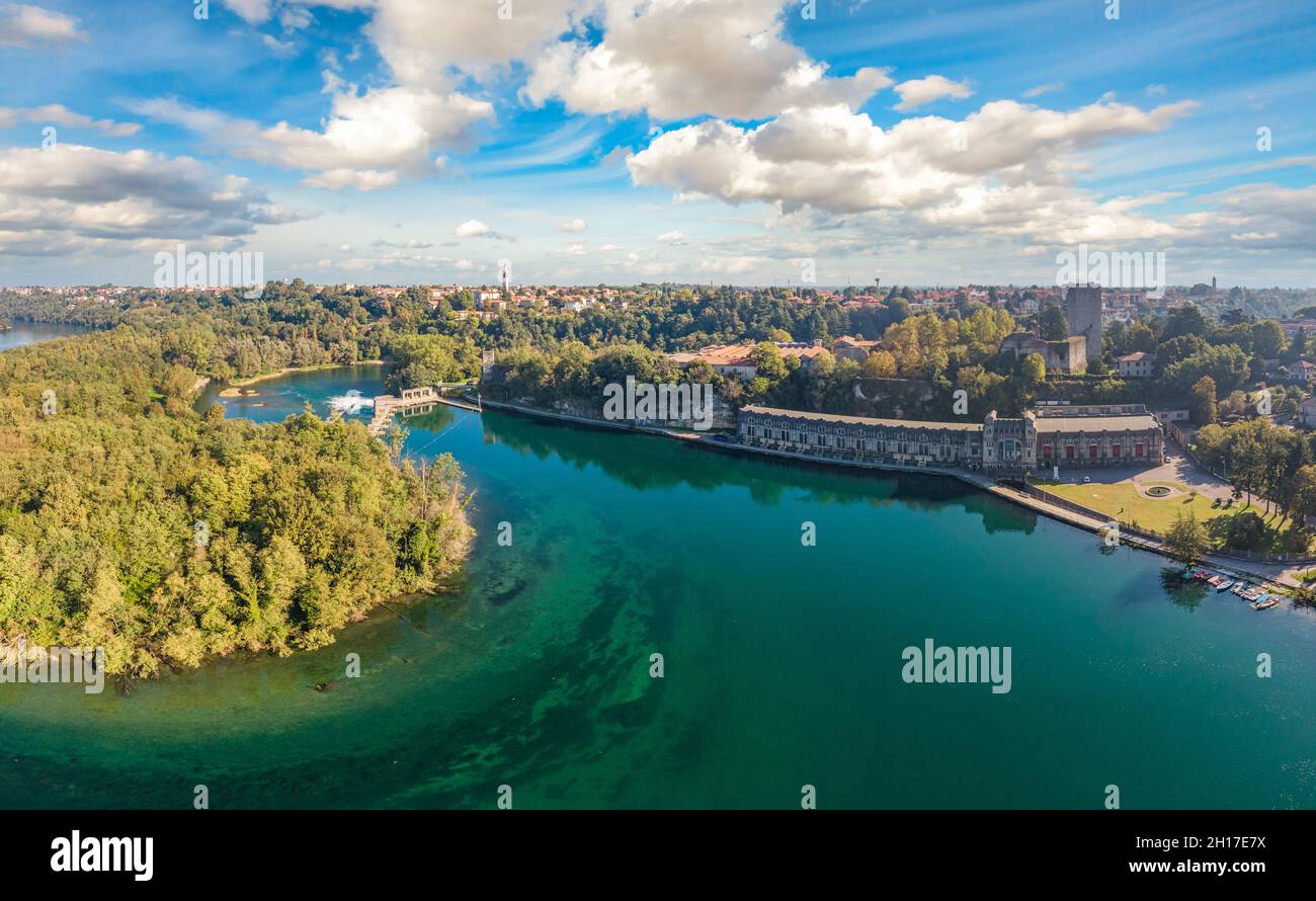 Trezzo Adda aerial view on hydroelectric power plant Taccani, Milan ...