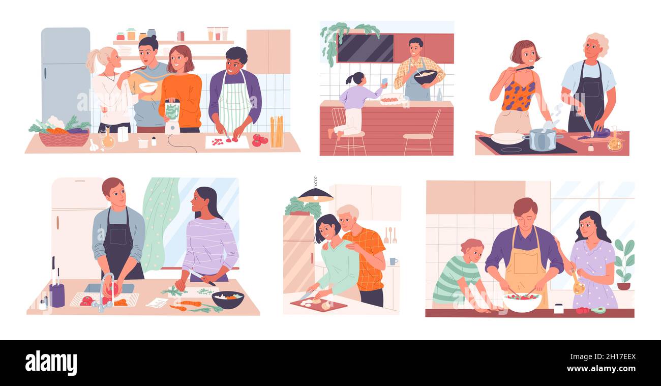 Set of scenes with people cooking food Stock Photo - Alamy