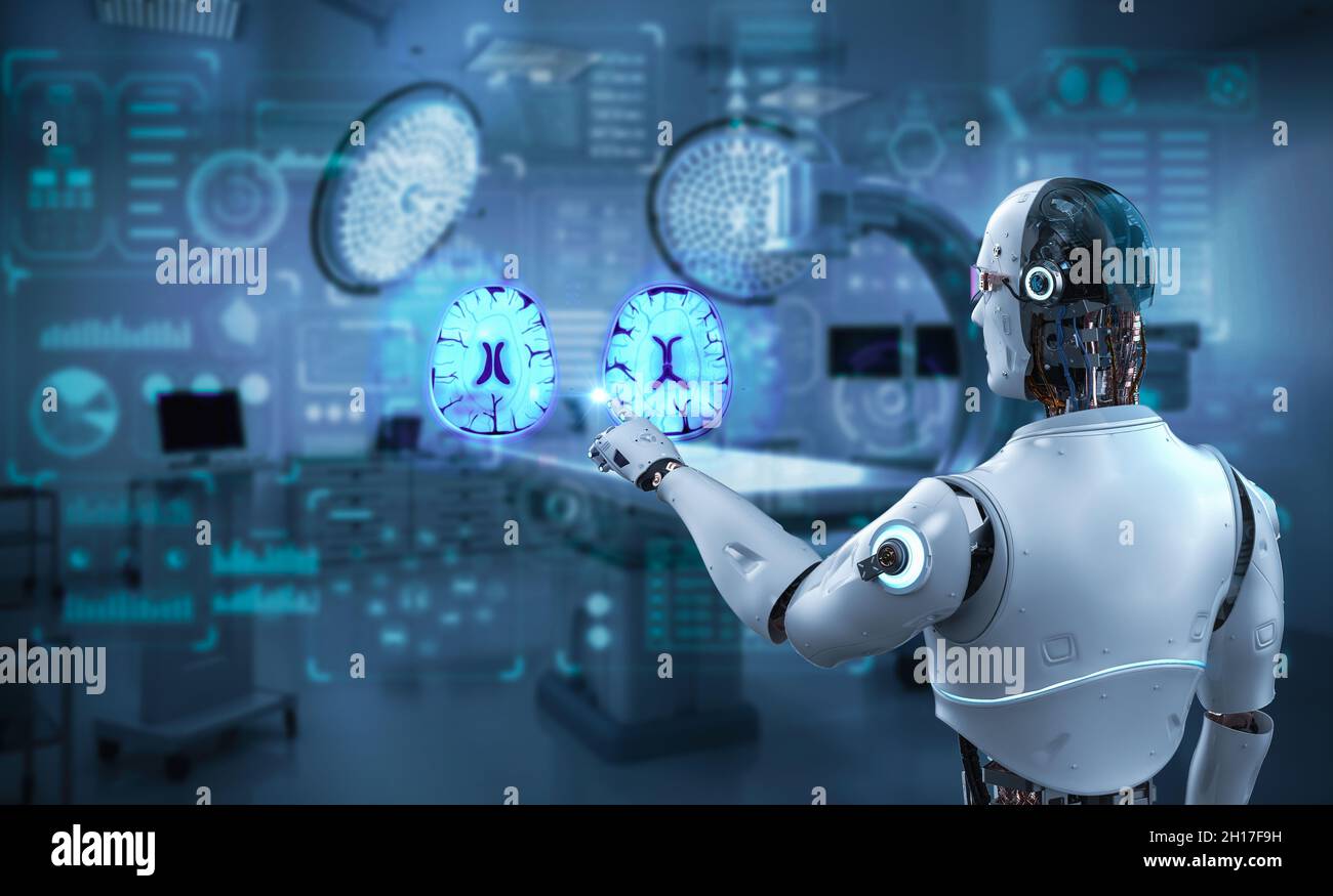 Medical technology concept with 3d rendering robot analyze x-ray brain ...