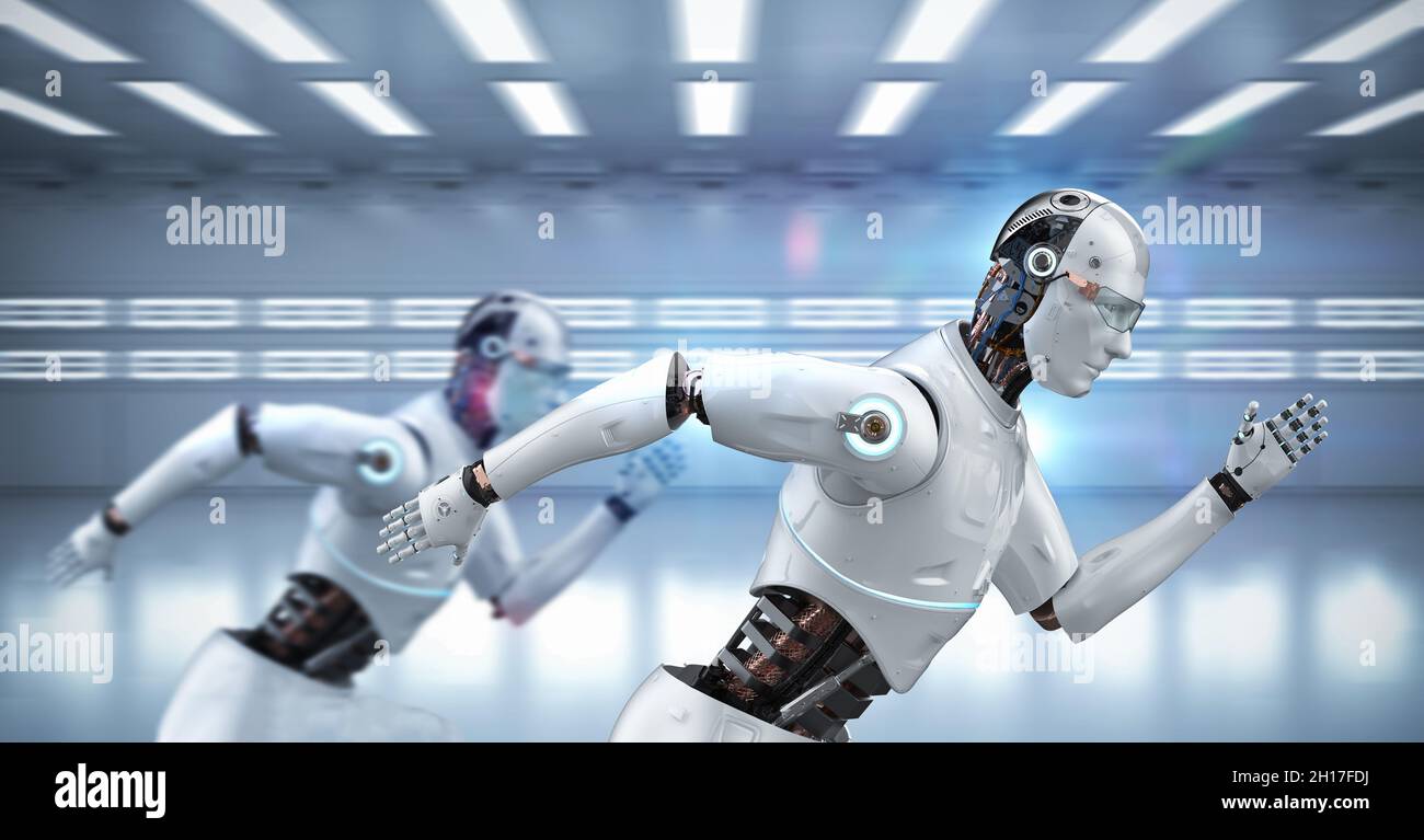 Fast speed technology concept with 3d rendering robot running Stock ...