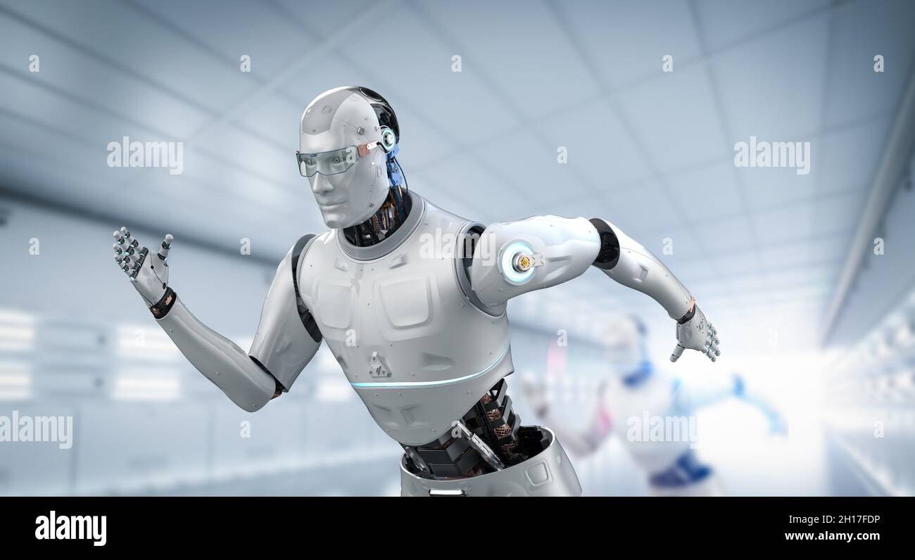 Fast speed technology concept with 3d rendering robot running Stock ...