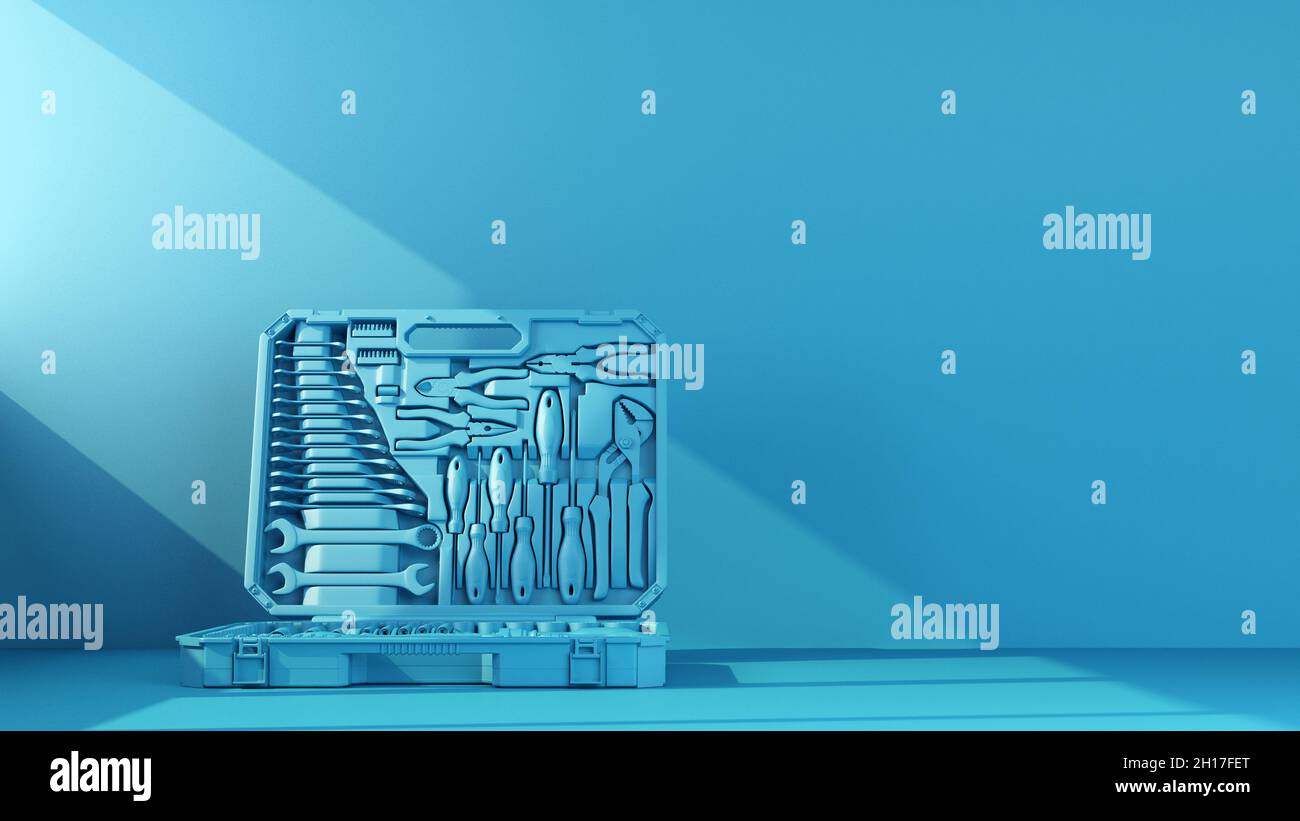 blue open suitcase with tools in solid color. 3d rendering Stock Photo ...