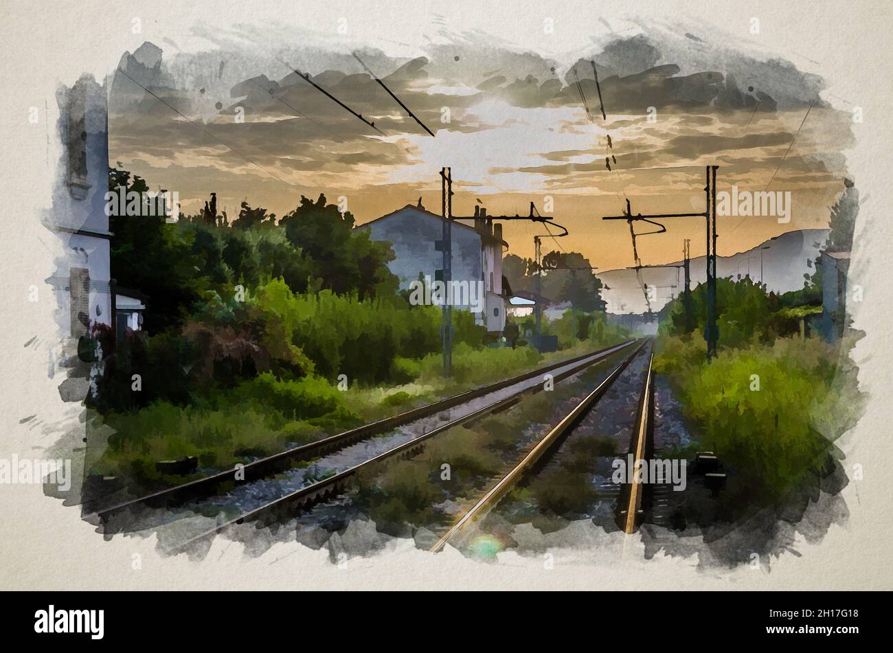 Watercolor drawing of Railway tracks with old buildings on sides, wires ...