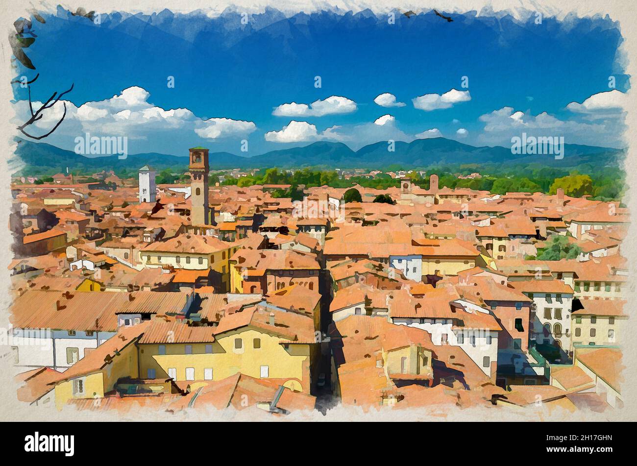 Watercolor drawing of Aerial top panoramic view of historical centre ...