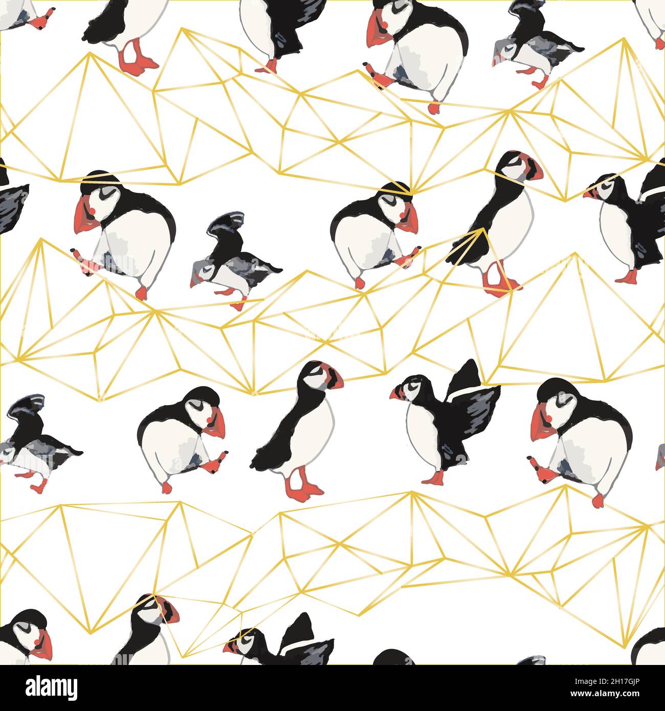 Vector white background ocean seabird, arctic birds, puffins. Seamless ...